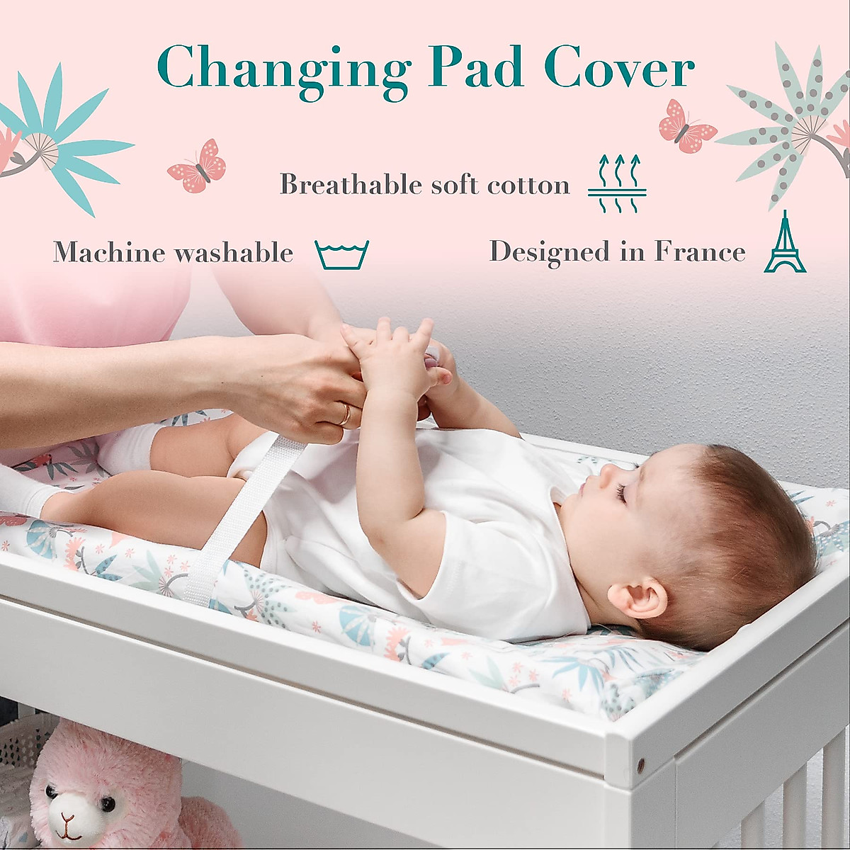 My Little Zone 100% Cotton Changing Pad Cover for Baby Girls, Flamingo - Breathable Bassinet, Mini Crib Mattress Fitted Sheets - Jungle Leaves, 32"x16" with 8" Deep Pocket, White-Coral Pink, 2 Pack