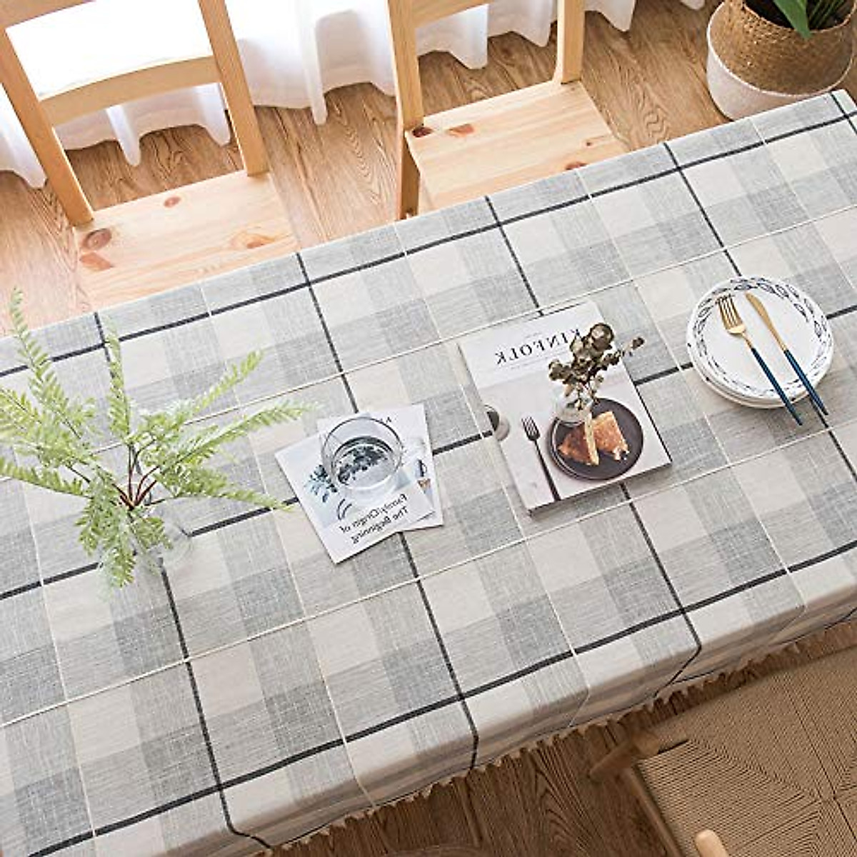 ColorBird Embroidery Checkered Tassel Tablecloth Heavy Weight Cotton Linen Plaid Dust-Proof Table Cover for Kitchen Dinning Tabletop Decoration (Rectangle/Oblong, 55 x 70 Inch, Gray/White)