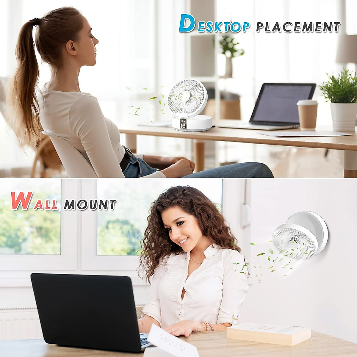 XSMNER Fan for Bedroom, Ultra Quiet Small Desk Fan with HD Digital Display, Oscillating Fan with Reomte, Portable Night Light Wall Mount Fan 3 Speeds, Office Fan 120° Rotate USB Rechargeable