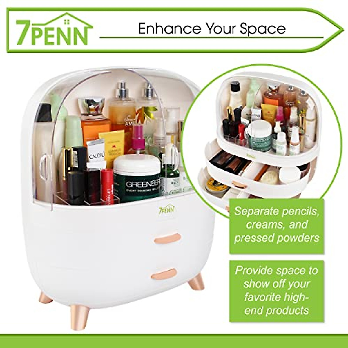 7Penn Large Makeup Organizer Box - Enclosed On Display Makeup Organizer Case with Cosmetic Storage Drawers