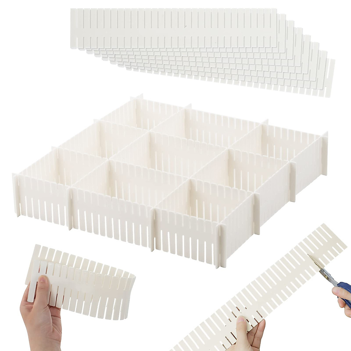 14.5 in White Adjustable Drawer Dividers, TWUTGAYW 8PC DIY Grid Drawer Organizer Dividers, Plastic Organizer Separator for Socks Underwear Makeup Cosmetic Clothes Can Help Tidy Kitchen Bedroom Dresser
