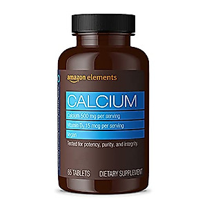 Amazon Elements Calcium plus Vitamin D, Calcium 500mg with D2 600IU, Vegan, 65 Tablets (2 month supply) (Packaging may vary), Supports Strong Bones and Immune Health
