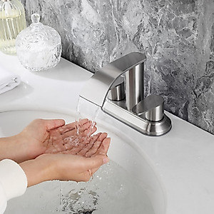 Jodulos 4 inch Centerset 3 Hole Bathroom Faucets Brushed Nickel, Center Set Faucet with cUPC Supply Lines, 2 Handle Waterfall Bathroom Sink Faucet with Pop Up Drain Stopper JU-DE-201-BN