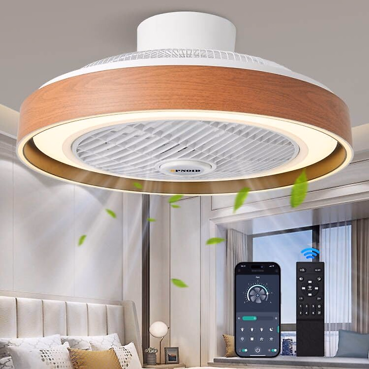 Spnoid Ceiling Fans with Lights and Remote,Enclosed Ceiling Fans Modern Low Profile Ceiling Fan Lights with Dimmable LED 6 Speeds Bladeless Flush Mount Fans with Light for Bedroom Living Room