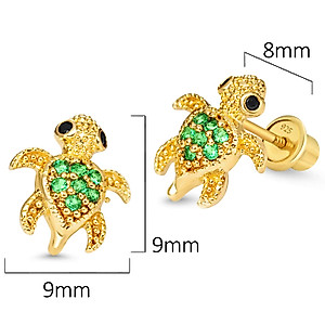 14k Gold Plated Brass Turtle Cubic Zirconia Screwback Baby Girls Earrings with Sterling Silver Post