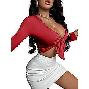 Zoyami Womens Sexy Tie Front Long Sleeve Crop Top Feather Trim V Neck Blouse Red Medium