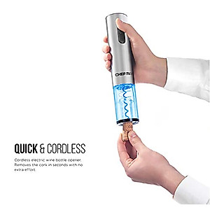 Chefman Electric Wine Opener W/ Foil Cutter, One-Touch, Open 30 Bottles On Single Charge, Automatic Corkscrew & Foil Remover, Rechargeable Battery, 110 Watts, 120 Volts