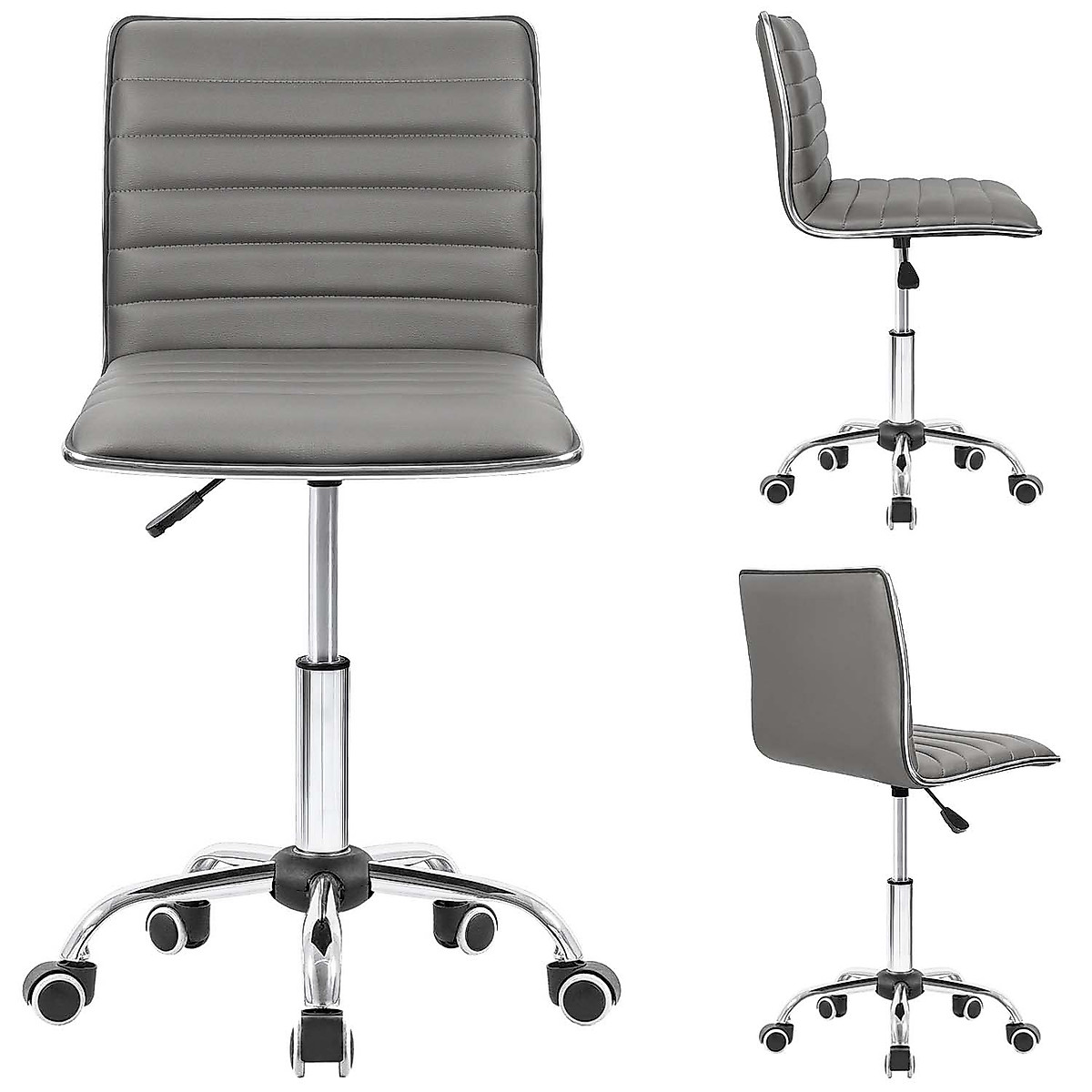 Homall Modern Adjustable Low Back Armless Ribbed Task Office Desk Vanity Swivel Rolling Leather Computer Conference Chair (Gray)