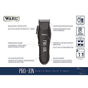WAHL Pro Ion Cord/Cordless Horse Trimmer, Rechargeable Equine Trimmers, Maintaining Horse’s Face, Ears, Bridlepath and Legs, Low Noise Cordless Pet Clippers, Ergonomic and Light, Grooming Kit