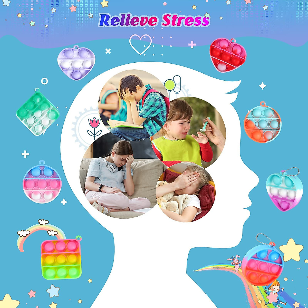 30 PCS Pop Fidget Toys Its Party Favors for Kids 4-8,8-12, 3 Shape Pop Keychain It Kids Bulk Fidgets Toys Small Prizes for Kids Classroom Birthday Toys Party Fidget Pack Popper Toy Gift for Girls Boys