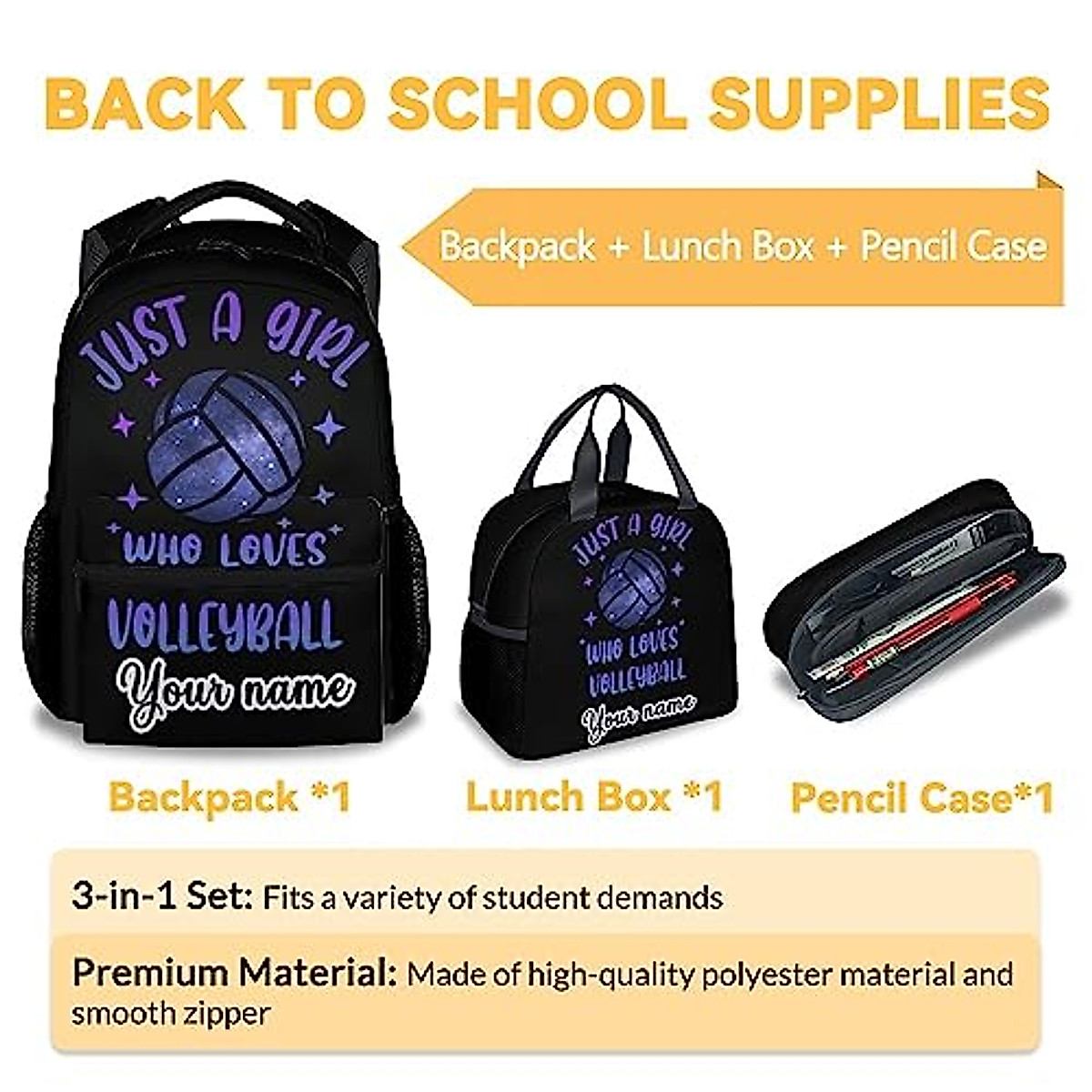 Personalized Volleyball Backpack with Lunch Box And Pencil Case Set, 3 in 1 Matching Teen Girls Purple Backpacks Combo, Sports Bookbag And Pencil Case Bundle