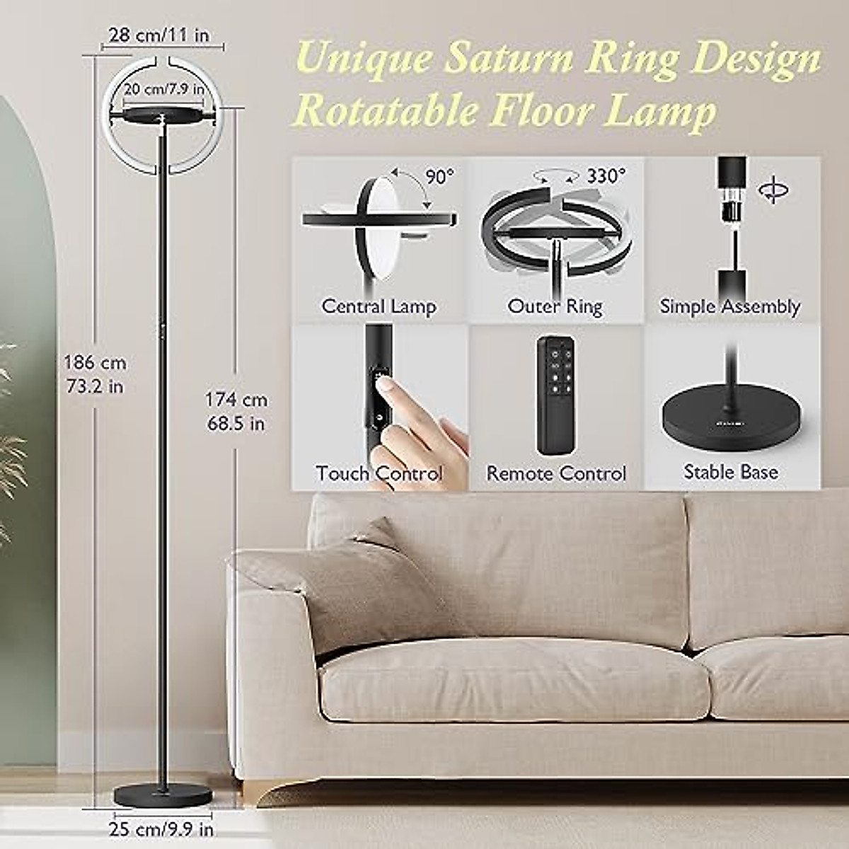 FIMEI Floor Lamp, Modern Bright Standing Lamp with Split Rotatable Outer Ring Light, 3 Color Temperature and Stepless Dimming, Remote/Touch Independent Control for Living Room Bed Room Office, Black