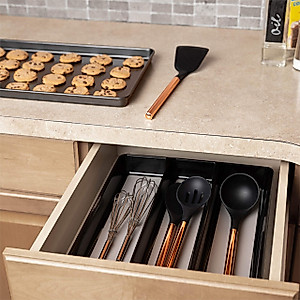 LIVORINI Kitchen Utensils Organizer | Utensil Tray Holder | Large Non-Slip Cutlery Drawer Organizer, 3 Compartment Multi-Purpose Home Organization, Black Utensil Organizer