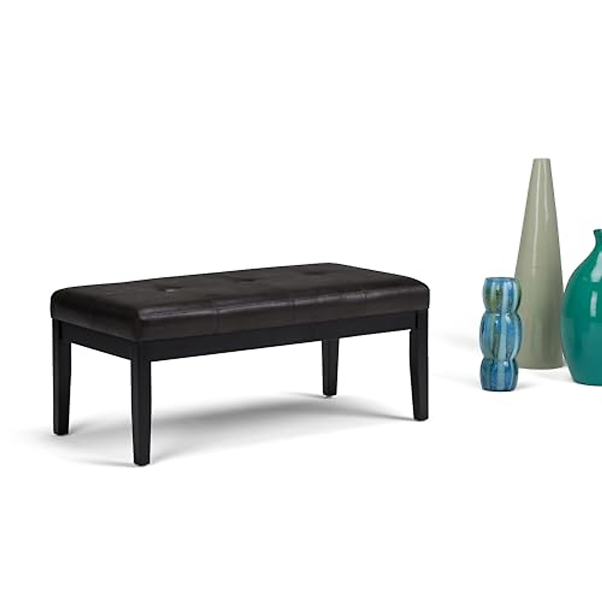 SIMPLIHOME Lacey 43 inch Wide Rectangle Ottoman Bench Distressed Black Tufted Footrest Stool, Faux Leather for Living Room, Bedroom, Contemporary Modern