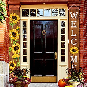Sunflower Welcome Hanging Banners spring Porch Banners Flags summer Door Banners Thanksgiving Hanging Banner for Front Door Garden Home Yard Sunflower Party Decorations(Wood Background)