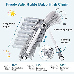 BABY JOY Baby High Chair, Folding Highchair w/ 4 Wheels, One-Step Brake, Removable Double Trays, Detachable PU, Flip-up Armrests, Adjustable Height, Backrest & Footrest for Infants & Toddlers (Gray)