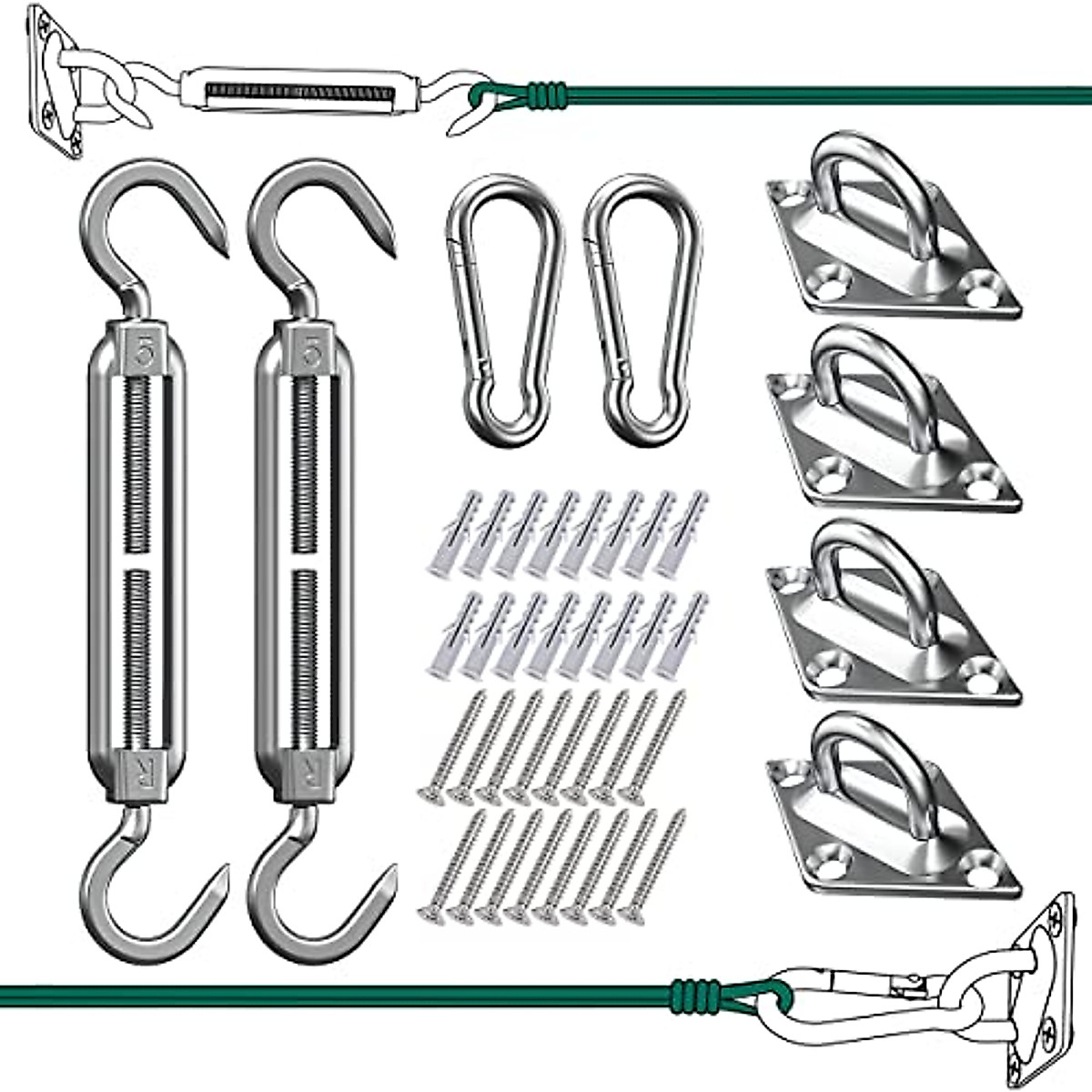 EVERSEE Sun Shade Sail Hardware Kit 5 inch 304 Stainless Steel for Rectangular/Square/Triangle Sun Shade Sail Installation Patio Lawn and Garden, Heavy Duty Anti-Rust Sail Shade Hardware Kit, 40 Pcs