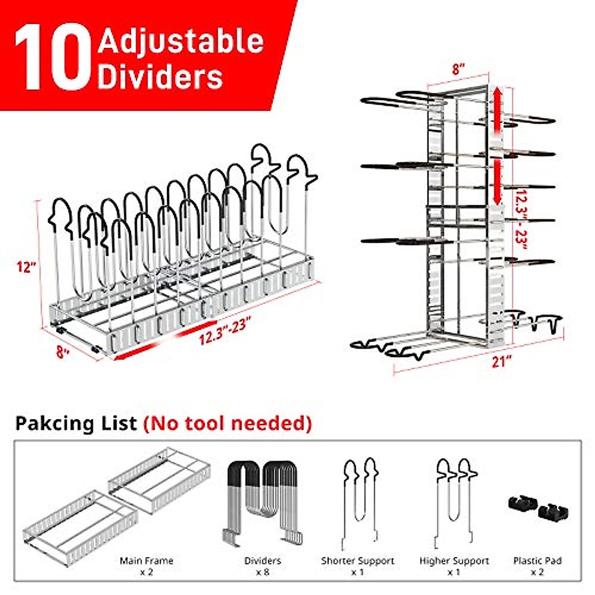 GeekDigg Pot and Pan Organizer for Cabinet, Extensible and Length Adjustable Lid Rack for Kitchen Counter and Cabinet, Lid Organizer for 10+ Pots and Pans with 6 DIY Methods (Silver)