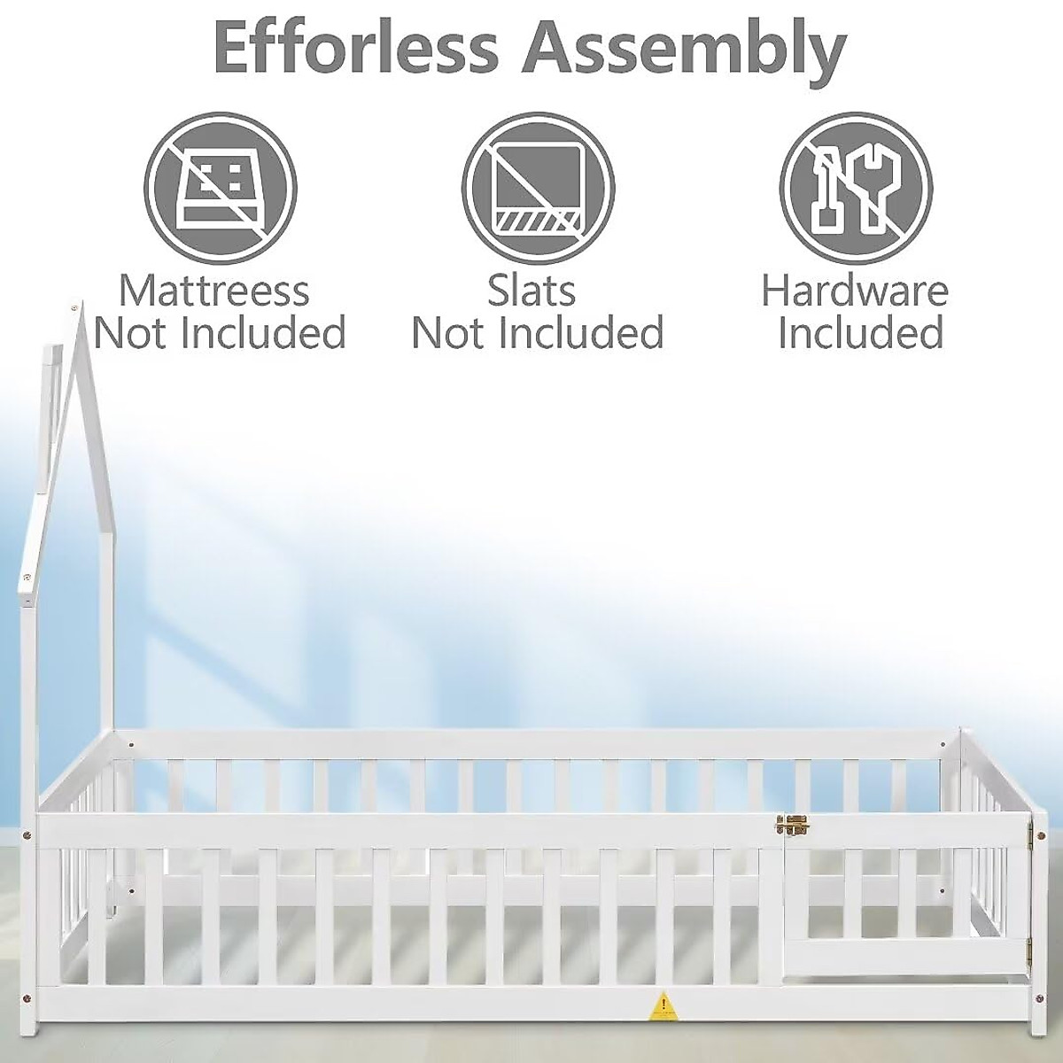 TURRIDU Twin Size Montessori Floor Bed with Fence and Door, House-Shaped Headboard Floor Bed with Full-Length Guardrails, Floor House Bed for Children Girls Boys, No Weight Limit, White