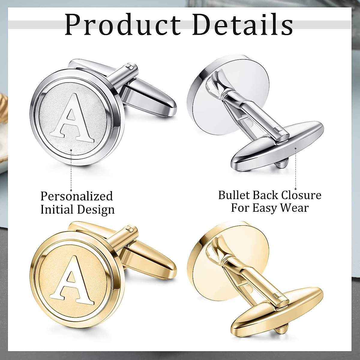 ORAZIO 2 Pairs Cufflinks for Men Stainless Steel Personalized Initial Cufflinks Silver Gold Engraved Cuff Links Alphabet Letter A-Z with Gift Box for Father Husband