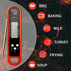 GR Smith - Digital Meat Thermometer - Fast & Precise Food Thermometer with Magnet - Foldable Probe - Grill & Cooking - Outdoor Camping & Kitchen Accessories - Water Resistant - Red