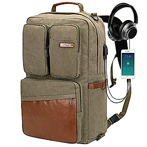 WITZMAN Canvas Backpack with USB Charging Port Large Travel Backpack Luggage Duffel Bag for Airplane Carry On Fit 17 inch Laptop for Men Women (6617 Green)