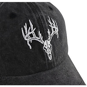 Deer Hunting Accessories Hats for Men Women, Funny Embroidered Halloween Deer Skull Head Antler Baseball Cap, Adjustable Washed Elk Reindeer Decor Hat, Gifts for Friends Wild Animal Lover Hunter