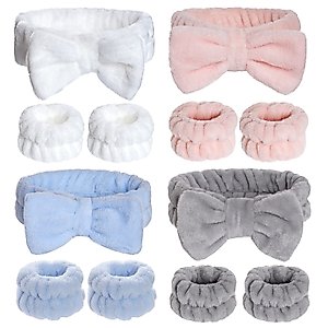 hoyuwak 12Pcs Headbands Wristbands Set for Washing Face, Knotted Spa Head Bands Wrist Towels Skincare Hair Bands Arm Bands for Womens Girls Makeup Facial Bath(White, Pink, Blue, Gray)