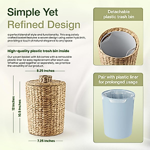 Tidita 1.3 Gallons Wicker Waste Basket with Lid - Large Wicker Trash Can for Office - WasteBaskets for Bedroom, Bathroom, Kitchen, Living Room - Boho Handwoven Trash Cans for Garbage (Water Hyacinth)