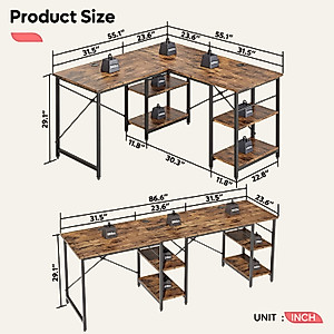 Bestier L Shaped Desk with Shelves 86.6 Inch Reversible Corner Computer Desk or 2 Person Long Table for Home Office Large Gaming Writing Storage Workstation P2 Board with 3 Cable Holes, Rustic Brown