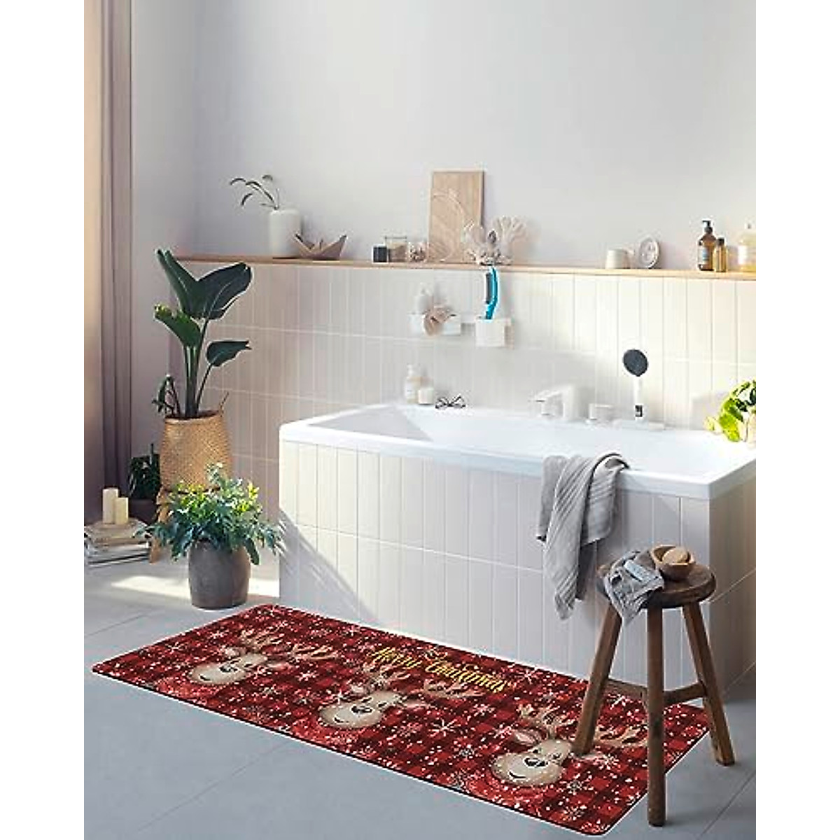 Christmas Elk Bath Mat for Tub,Non Slip Bathroom Floor Runner Rug Quick Dry & Absorbent Diatomaceous Earth Shower Sink Bedroom Kitchen Washable Doormat,Winter Snowflake Buffalo Plaid Red 18"x60"