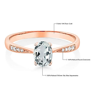 Gem Stone King 10K Rose Gold Sky Blue Aquamarine and White Diamond Engagement Ring For Women (0.78 Cttw, Gemstone March Birthstone, Oval 7X5MM, Available In Size 5, 6, 7, 8, 9)
