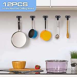 AccEncyc 12Pcs Screw Mounted Ceiling Hooks Under-Shelf Towel Robe Clothes Hook Matte Black Stainless Steel Hooks Heavy Duty Top Hook Metal Wall Hooks Hanger for Bathroom, Kitchen, Cabinet, Garage