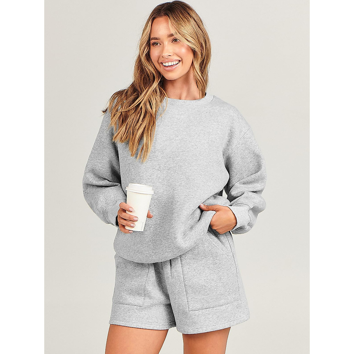 ANRABESS Women 2 Piece Outfits Sweat Shorts Sets 2025 Oversized Casual Lounge Matching Set Sweatsuit Tracksuit Clothes Light Grey Small