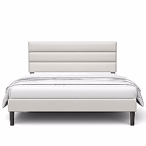 BONSOIR Queen Size Beige Color Modern Low Profile Upholstered Bed Frame with Tufted Headboard