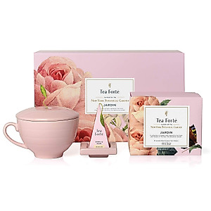 Tea Forte Jardin Gift Set with Pink Cafe Cup, Tea Tray and 10 Handcrafted Pyramid Tea Infuser Bags