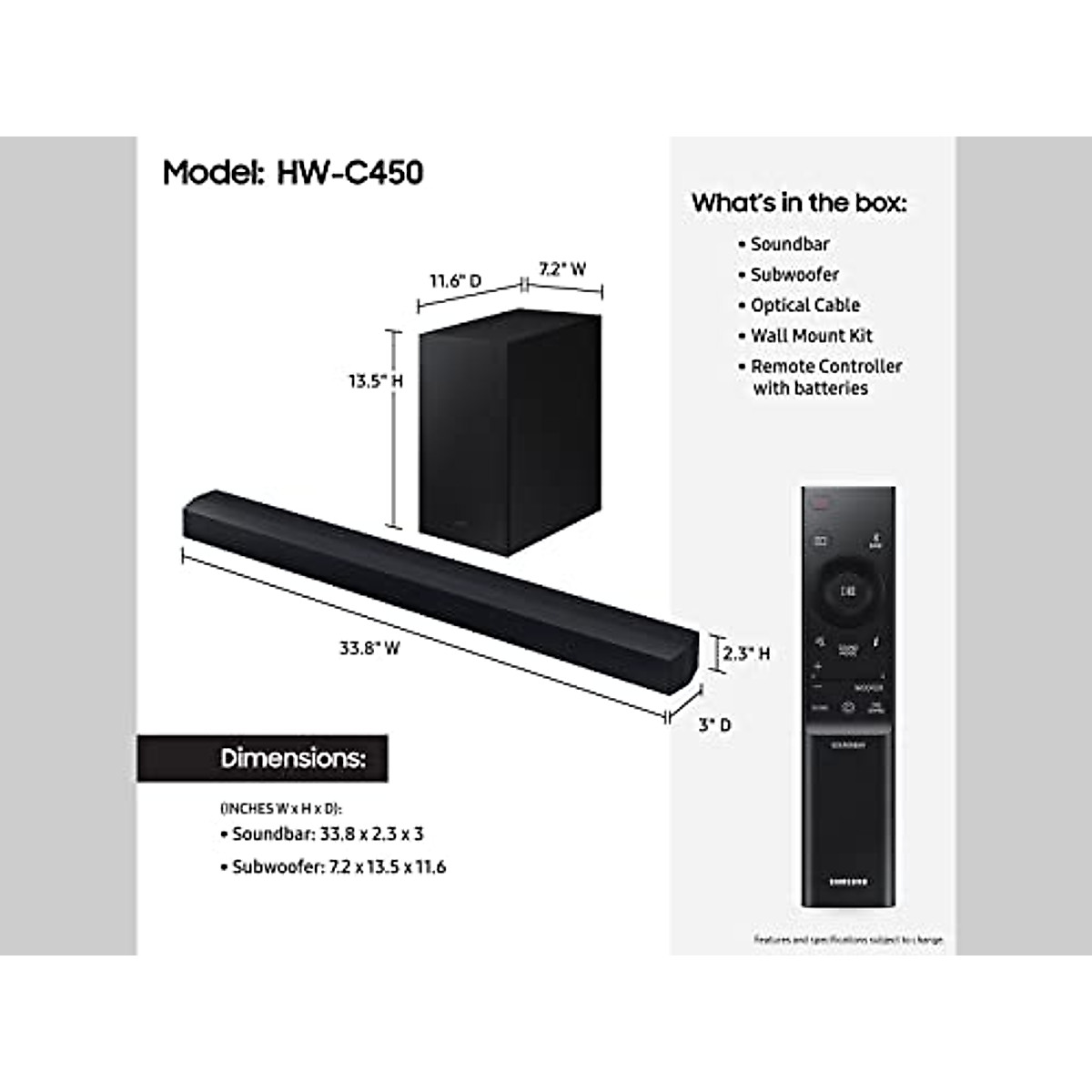SAMSUNG HW-C450 2.1ch Soundbar w/DTS Virtual X, Subwoofer Included, Bass Boost, Adaptive Sound Lite, Game Mode, Bluetooth, Wireless Surround Sound Compatible (Newest Model),Black