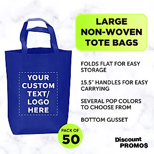 DISCOUNT PROMOS Custom Large Reusable Heavy Duty Tote Bag - 50 Pack - Personalized Logo, Text - Beach Shopping Bag - Reflex Blue