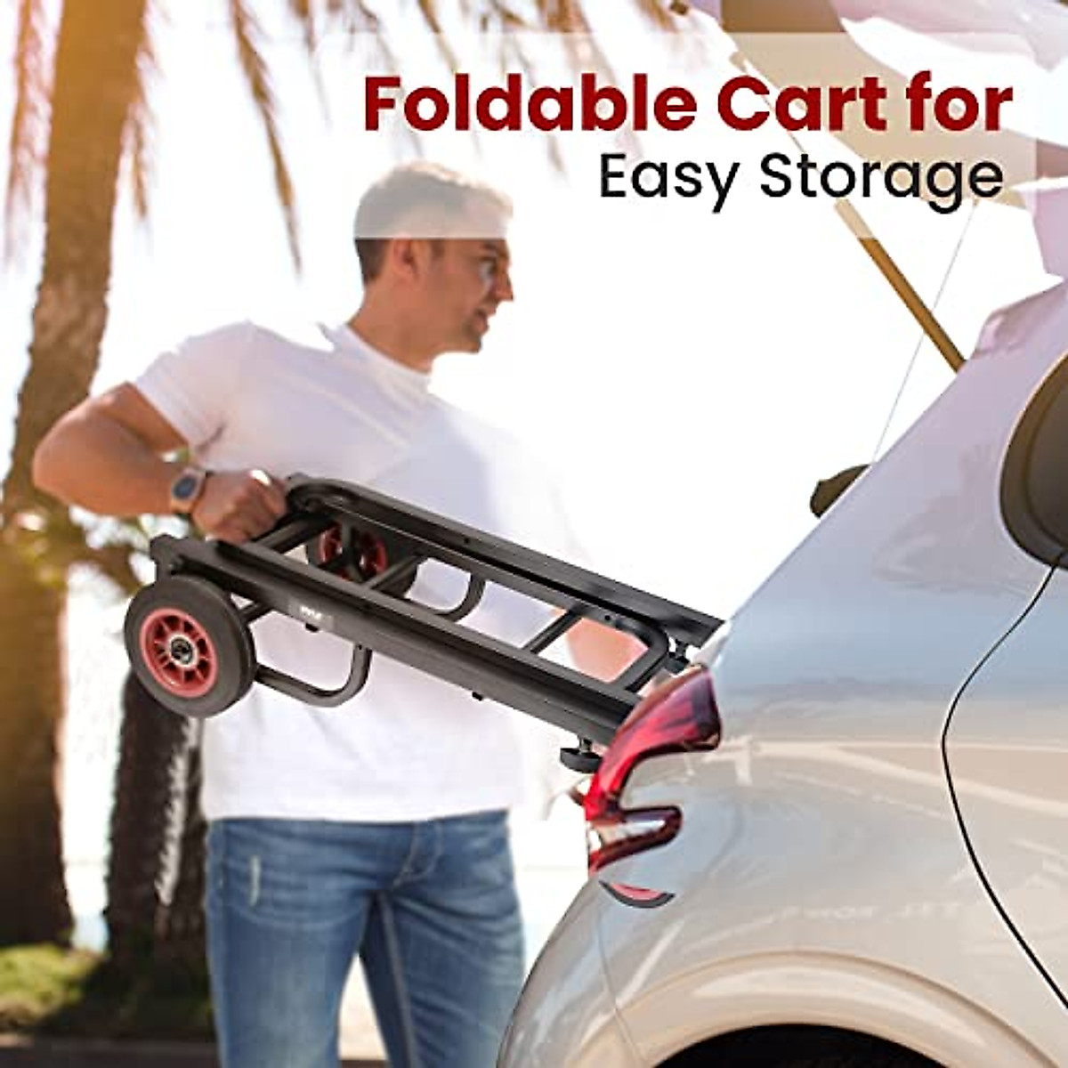 Pyle Compact Folding Adjustable Equipment Cart - Heavy Duty 8-in-1 Convertible Cart Hand Truck/Dolly/Platform Cart with R-Trac Wheels - Expandable Up to 25.24" to 40.24" - Pyle PKEQ38