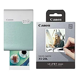 Canon SELPHY QX10 Compact Square Photo Printer, Green with Canon Color Ink/Label Set XS-20L (20 Sheets), Compatible to Canon SELPHY Square Printer