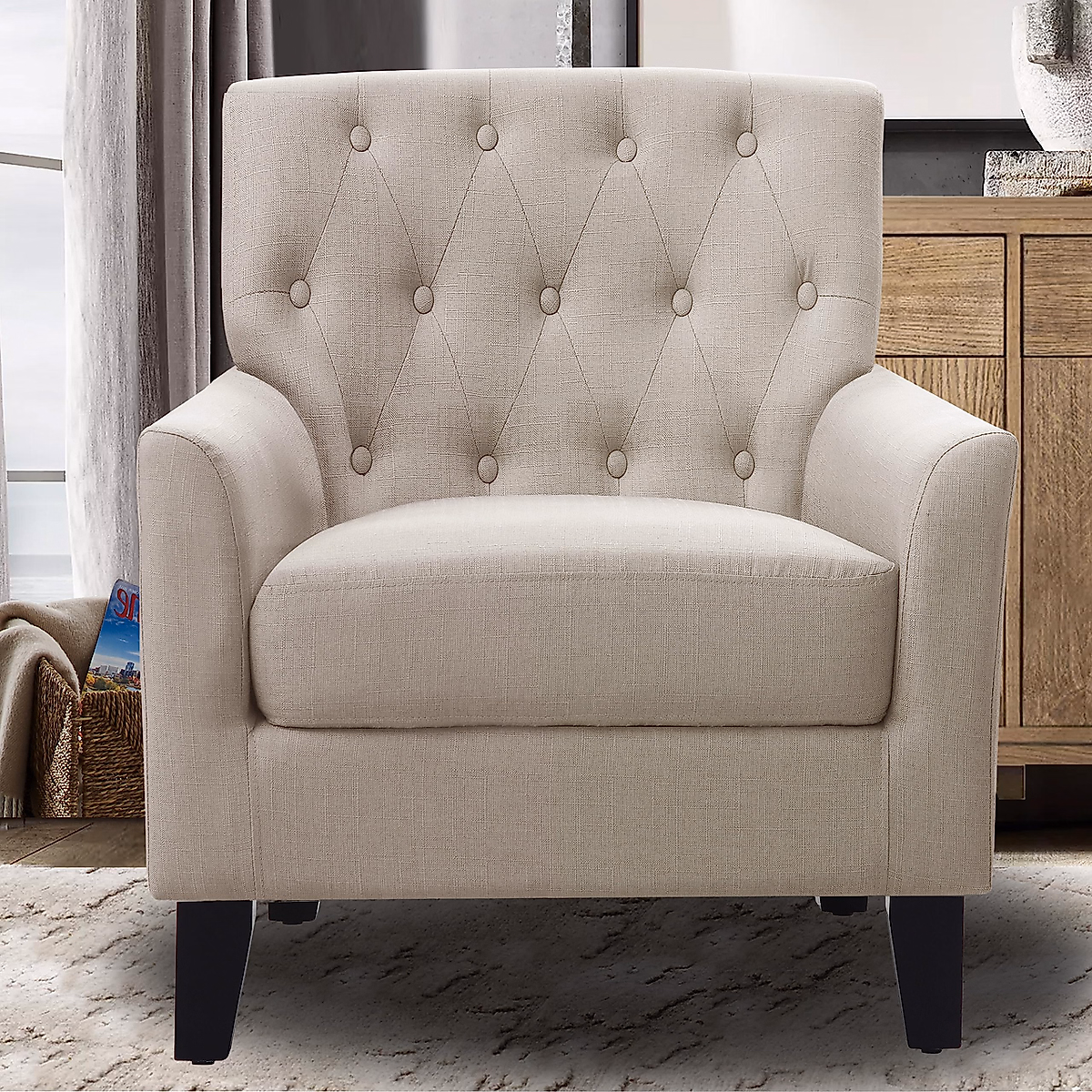Rosevera Rylee 30”Accent Fabric Upholstered Arm Tufted Comfy for Reading in Bedroom,Living Room, Sofa Chair,Armchair for Small Space,Wood Legs, Standard, Beige