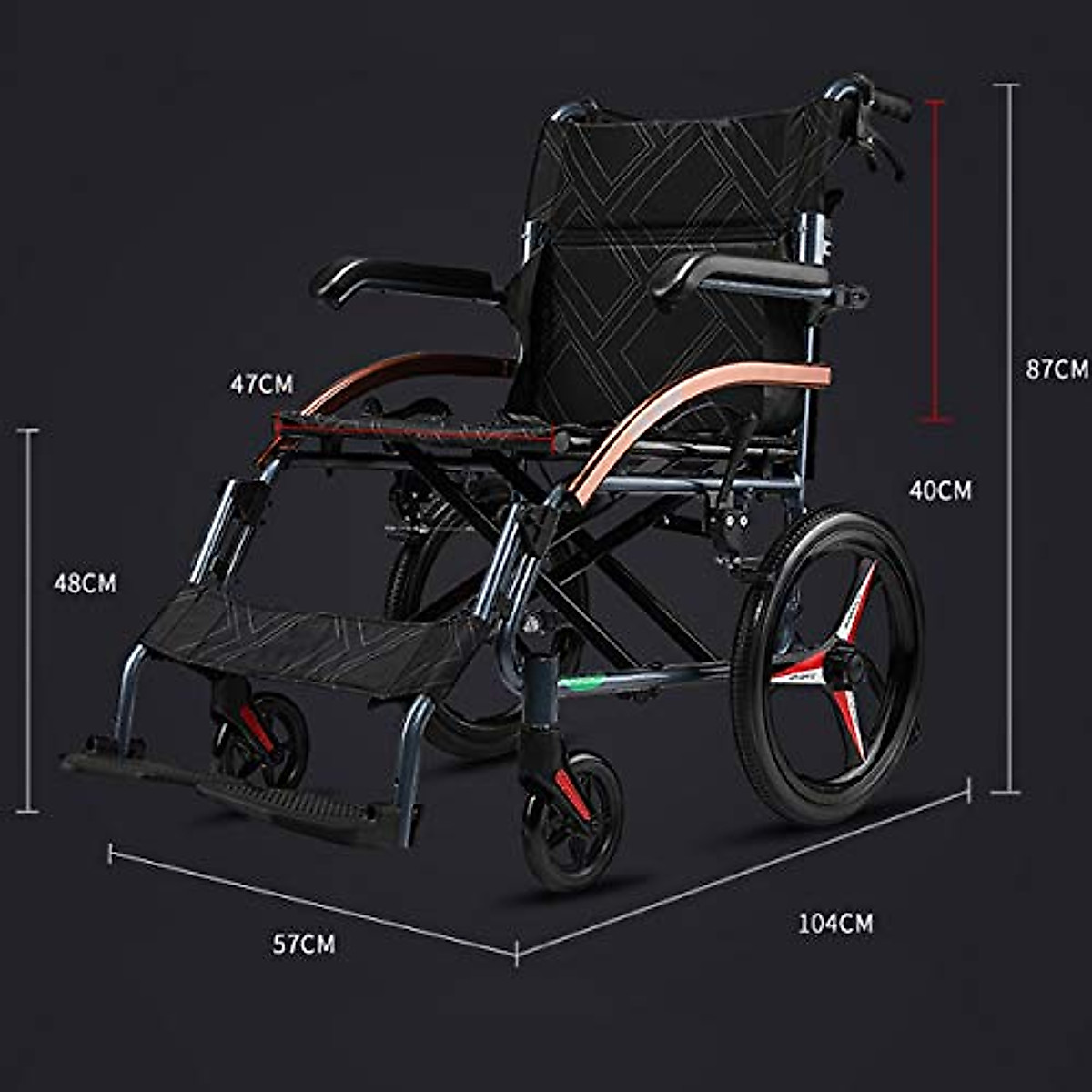 Magnesium Alloy Wheelchair 22lbs Lightweight Portable Travelling Transport Chair with HandBrakes, 16 inch Wheels