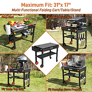 Outdoor Portable Grill Table stand - Folding Prep Stand for 17" or 22" Blackstone Griddle, Large Space blackstone Table with Wheels, Pizza Oven Cart for Ninja, Patio Grilling Backyard BBQ Grill Cart.