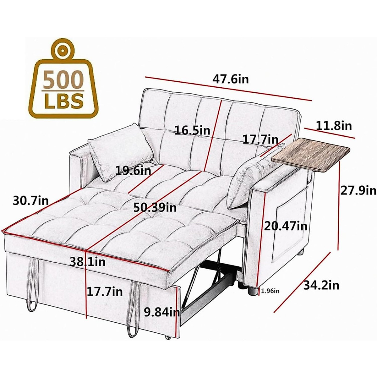 Velvet Pull Out Sofa Bed with Side Table, Convertible Loveseat Sleeper with Tufted Backrest, Modern Futon Couch for Living Room, Bedroom (Black)