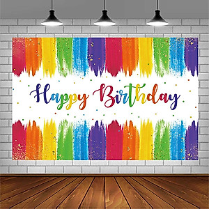 AIBIIN 7x5ft Let's Paint Happy Birthday Backdrop Paint Rainbow Party Decorations Supplies Colorful Confetti Graffiti Wall Gold Glitter Splatter Photography Background Banner Cake Table Photo Props