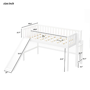Harper & Bright Designs Twin Size Low Loft Bed with Slide, Wood Low Loft Bed for Kids, Girls, Boys (White)