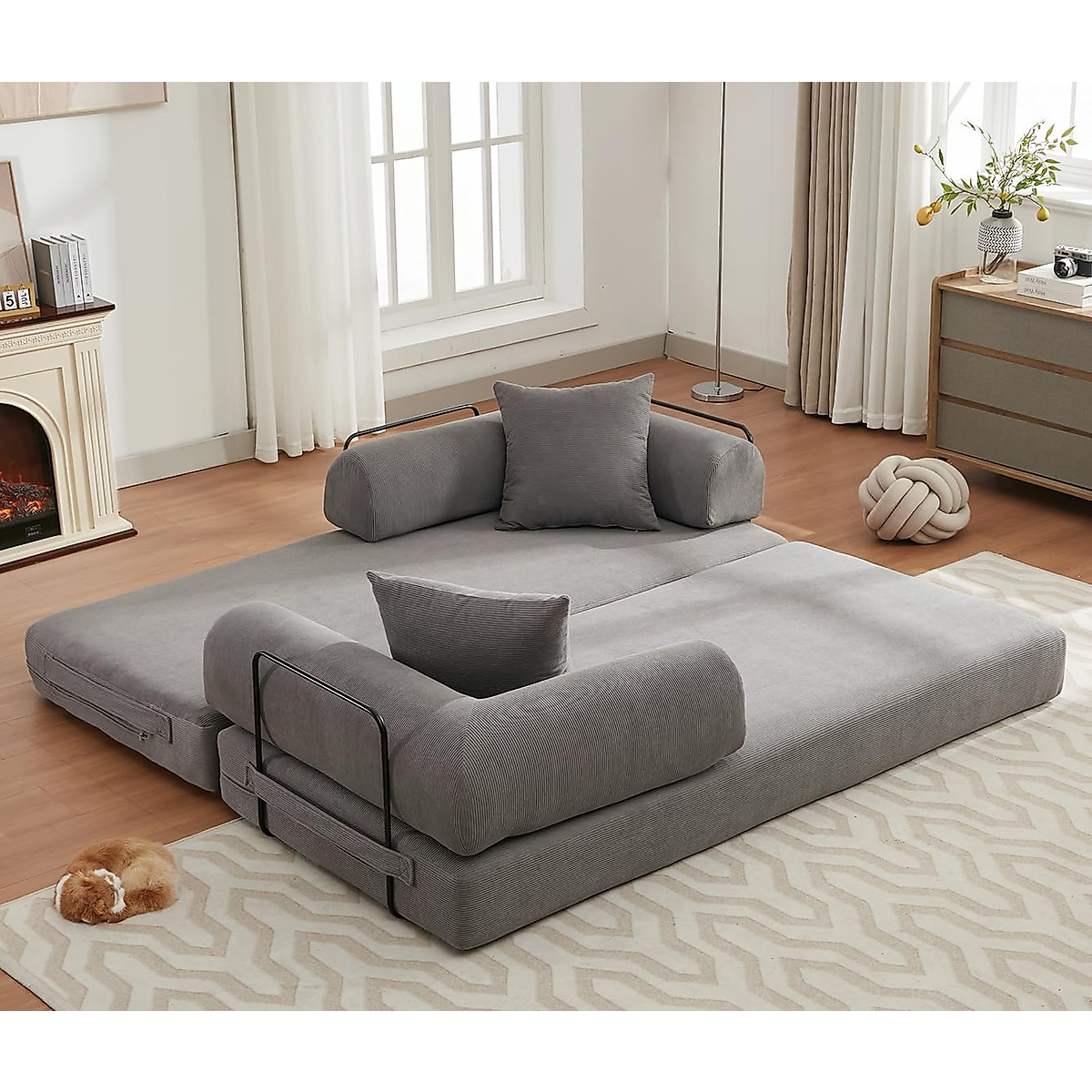 Lin-Utrend 78.5" Loveseat Sofa Fold-Out Sofa Bed,Modern Modular Futon Floor Couch&King Size Bed Mattress with 2 Pillow,DIY Combination Convertible Sleeper Sofa Bed for Living Room Apartment (Gray)