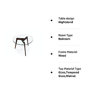 Round Tempered Glass End Table, Round Mid Century Coffee Table, Minimalist Small Coffee Table for Small Spaces Living Room Office, with Triskele Walnut Wood Legs (23.6" D x 17.7" H)