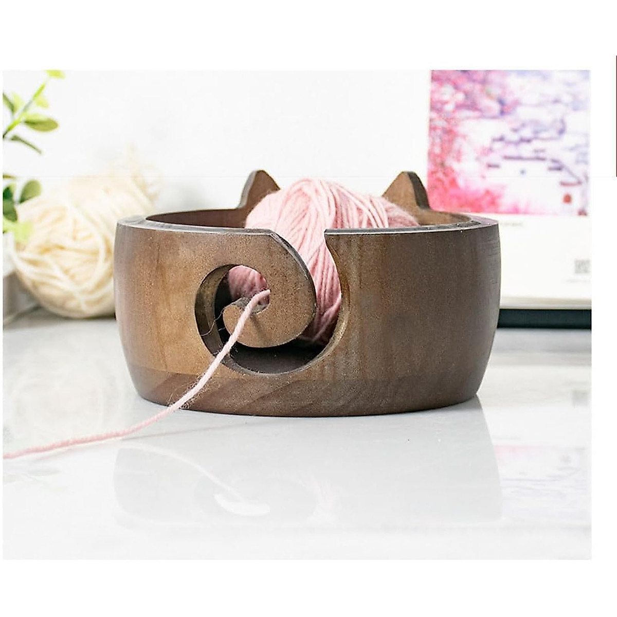 Cute Cat Yarn Bowl, New Yarn Bowls Yarn Storage Bowl with Carved Holes & Drill, Creative Wooden Handmade Round Woolen Bowl for DIY Knitting Crocheting Accessories (Orange)