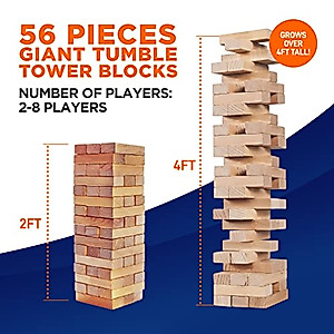 Serene Life 56 PCS Giant Tumble Tower Game - Non-Toxic Pine Wooden Stacking Timber Blocks Set with Zippered Carrying Bag, Book Scoreboard - Classic Jumbo Wood Block Outdoor Game for Kids and Adults